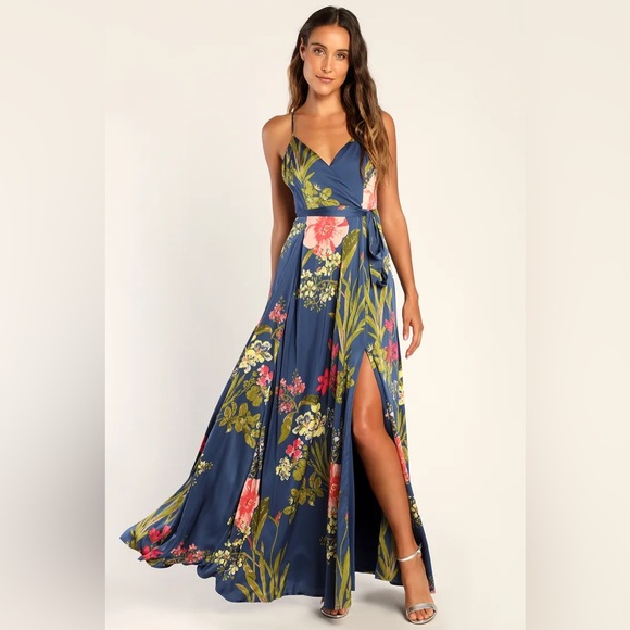 Lulus | Dresses | Nwot Lulus Still The One Blue Floral Print Satin Maxi ...